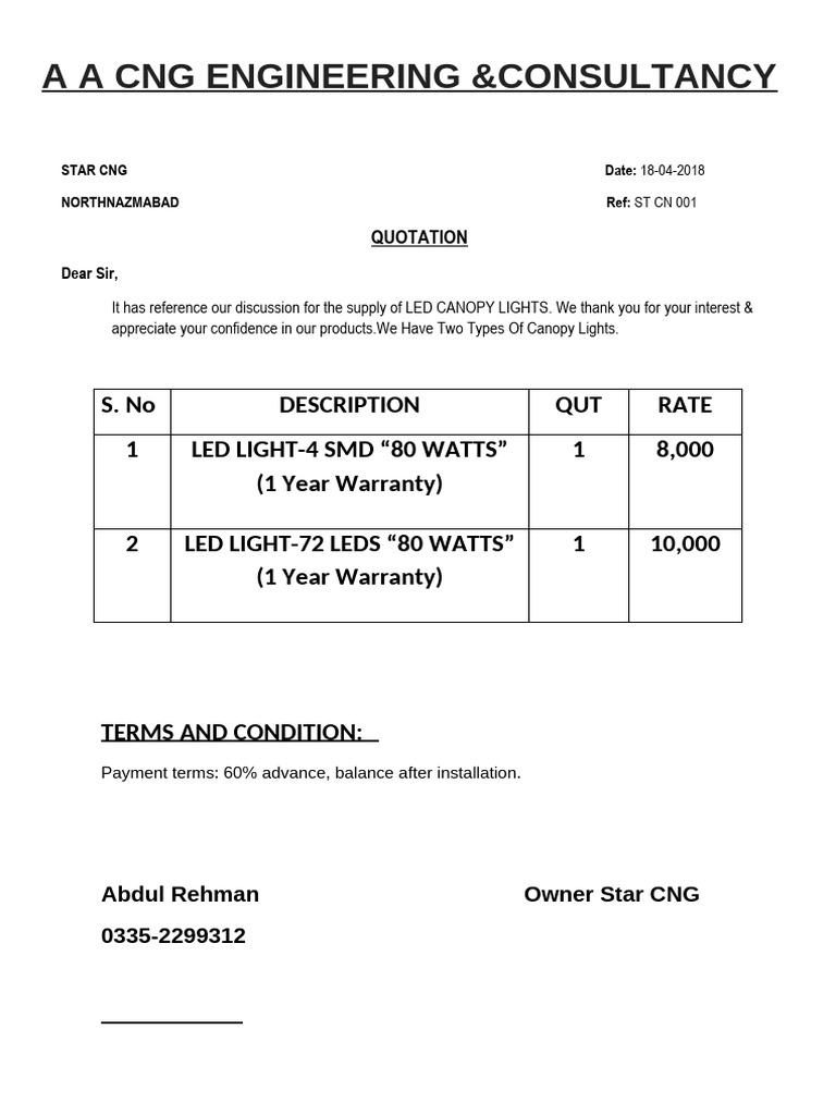 LED Canopy Lights Quotation from Star CNG | PDF