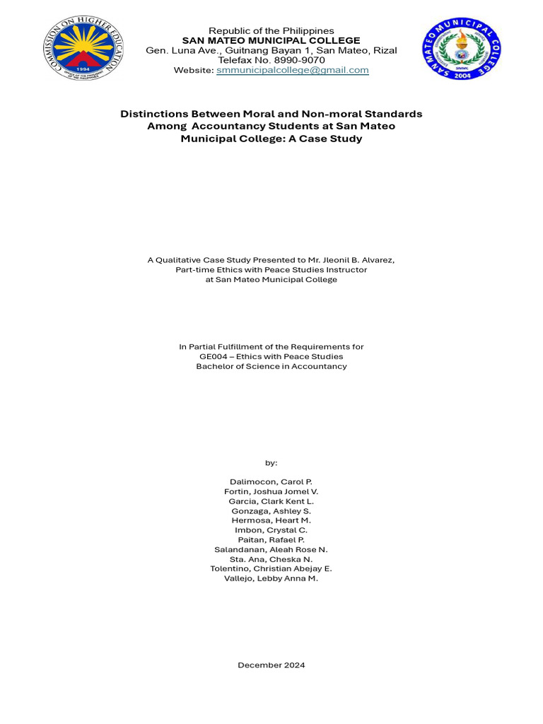 Distinctions Between Moral and Non Moral Standards Among Accountancy Students at San Mateo ...