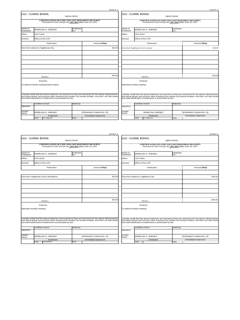 Certification Expenses 300 and Below No Receipt Needed | PDF