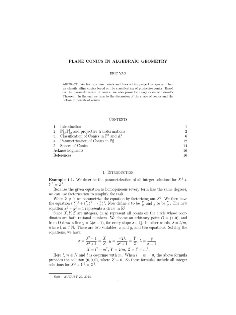 Plane Conics in Algebraic Geometry | PDF | Line (Geometry) | Equations
