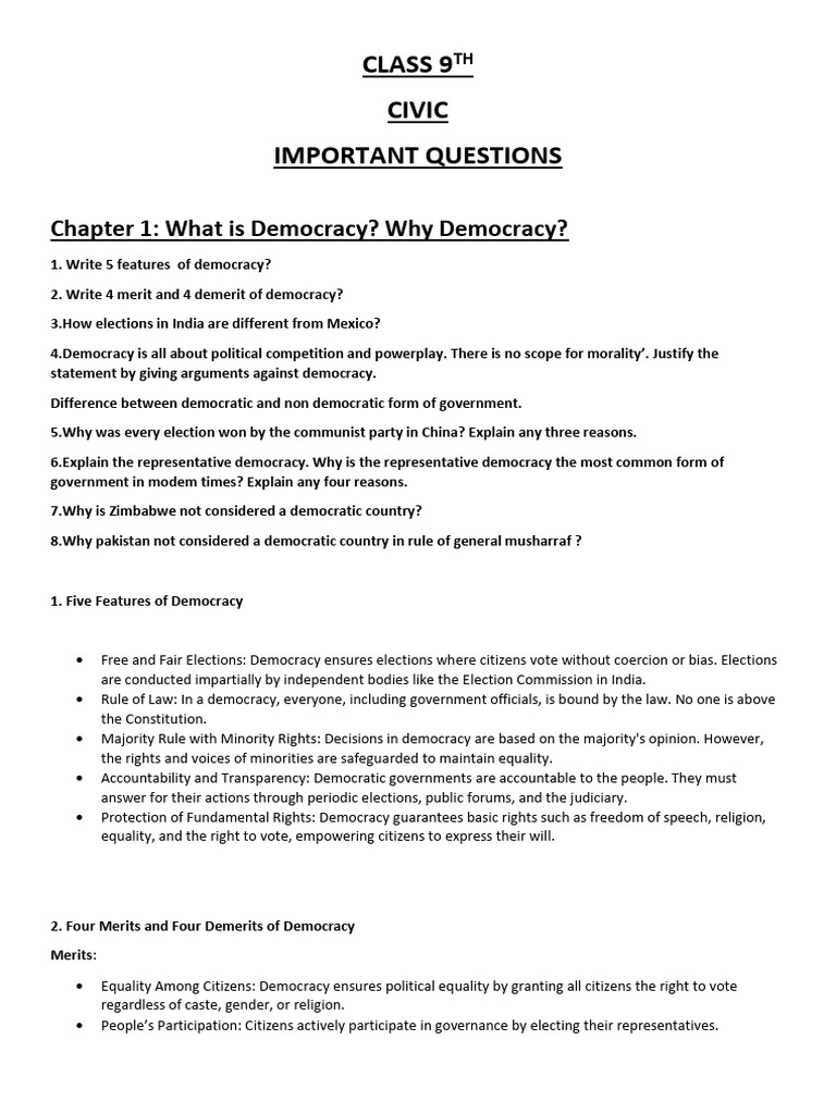 Class 9th Civics Important Questions of All 0df | PDF | Elections ...