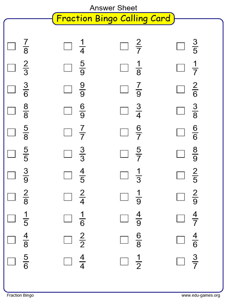 Fraction Bingo Calling Card Sheet | PDF