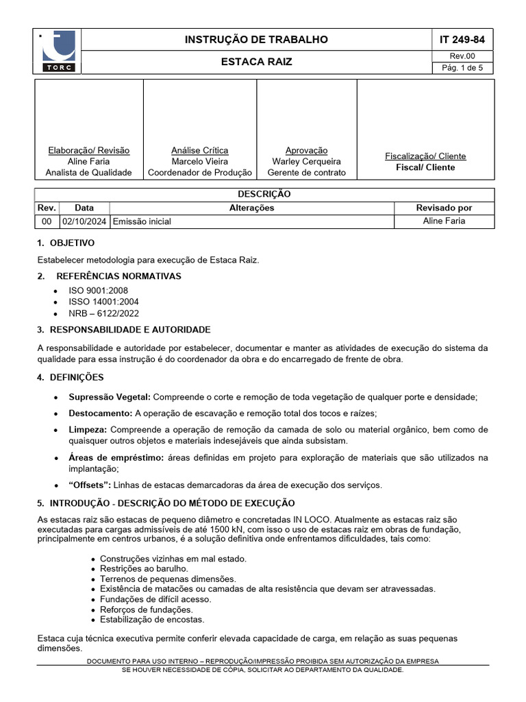 IT 249-84 - Estaca Raiz | PDF | Tubo de revestimento | Pressão