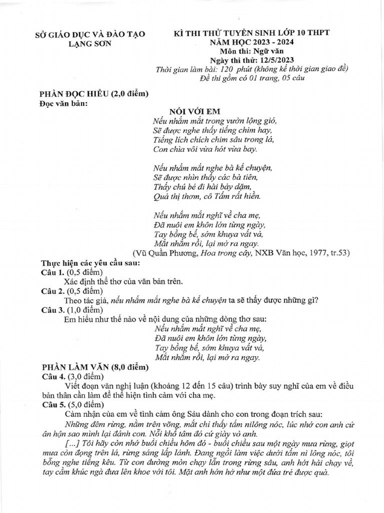 Ngữ văn - Đề + HDC - Chính thức - Thi thu TS vao 10 năm 2023 | PDF