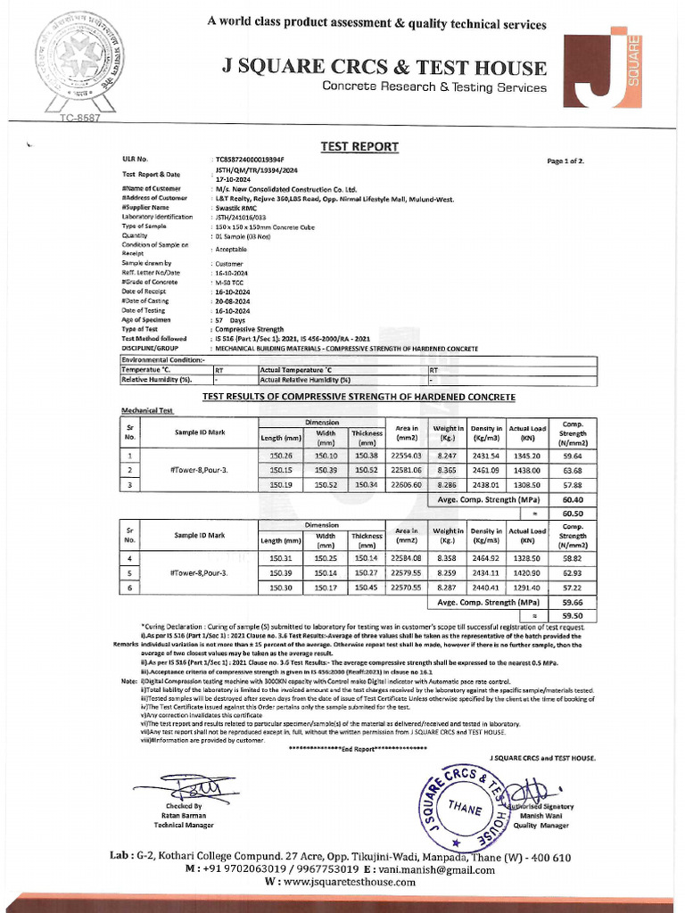 NCCCL Mulund Compressive Strength Report | PDF