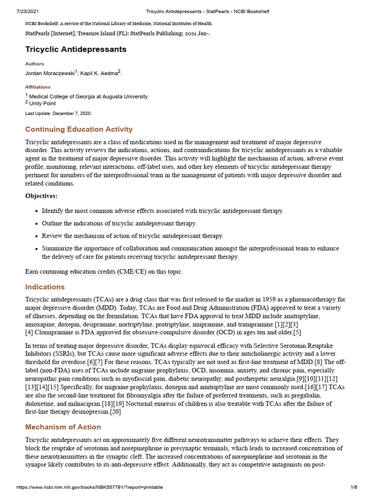 Tricyclic Antidepressants - StatPearls - NCBI Bookshelf | PDF | Antidepressant | Medicine
