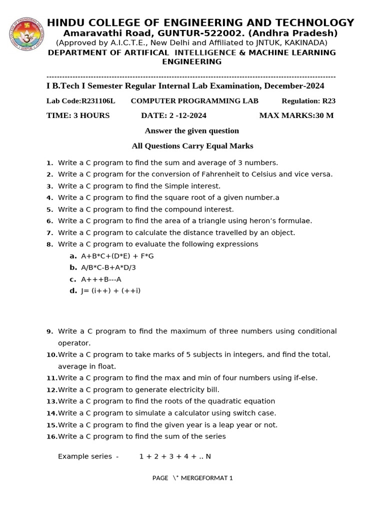 b.tech-AIML Internal Lab | PDF | Elementary Mathematics | Algebra