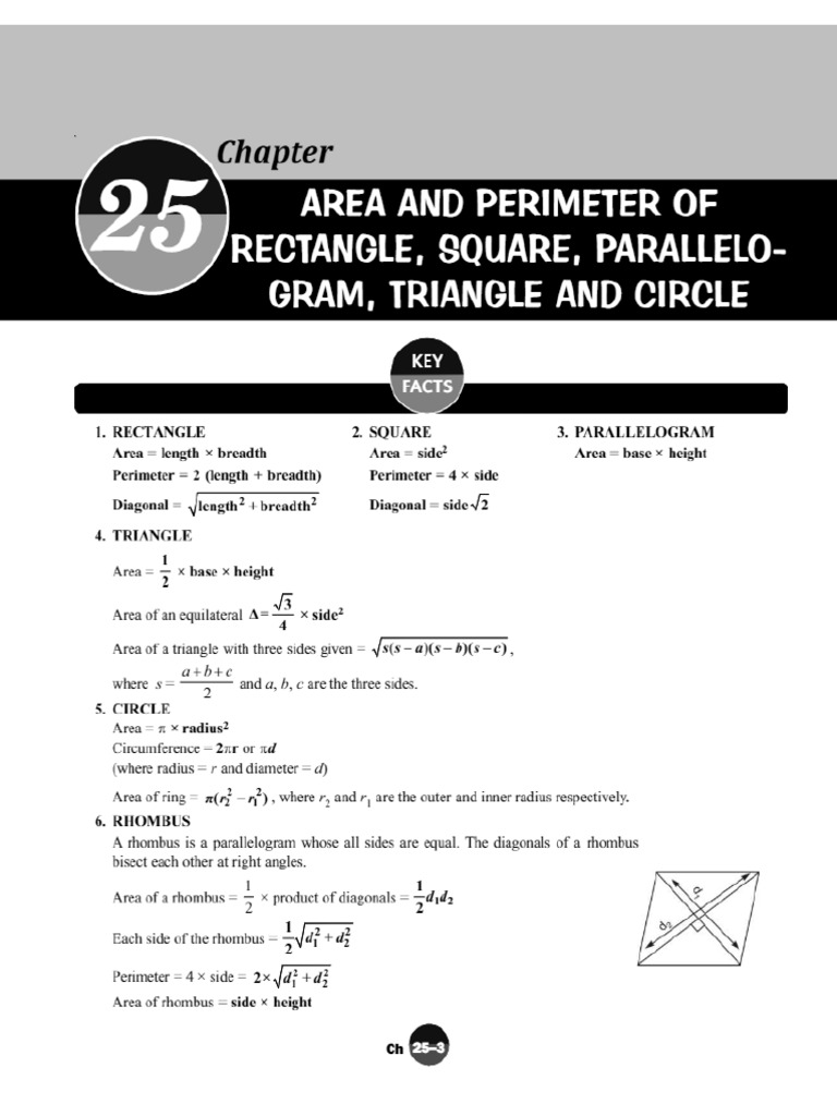 Area and Perimeter of Rectangle, Square, Parallelogram, Triangle and Circle | PDF