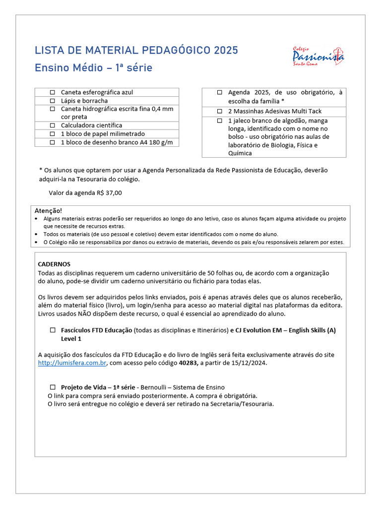 1 em - Lista de Material Pedag Gico 2025 | PDF