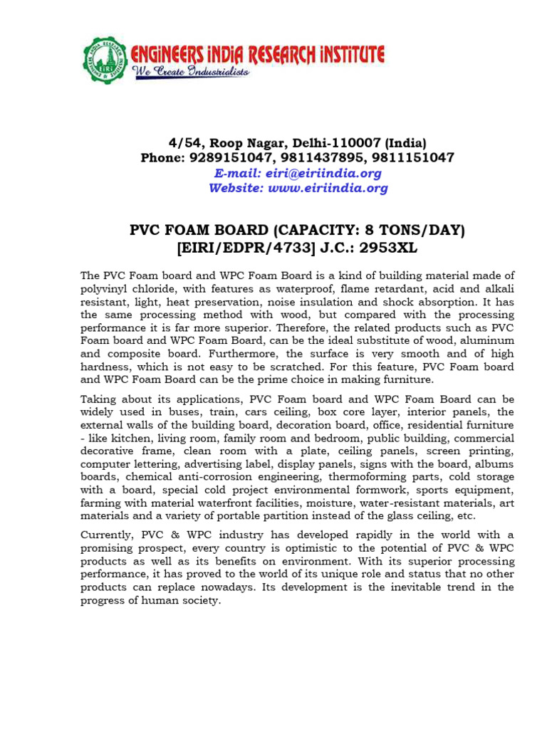 Project Report On PVC FOAM BOARD (CAPACITY: 8 TONS/DAY) | PDF ...