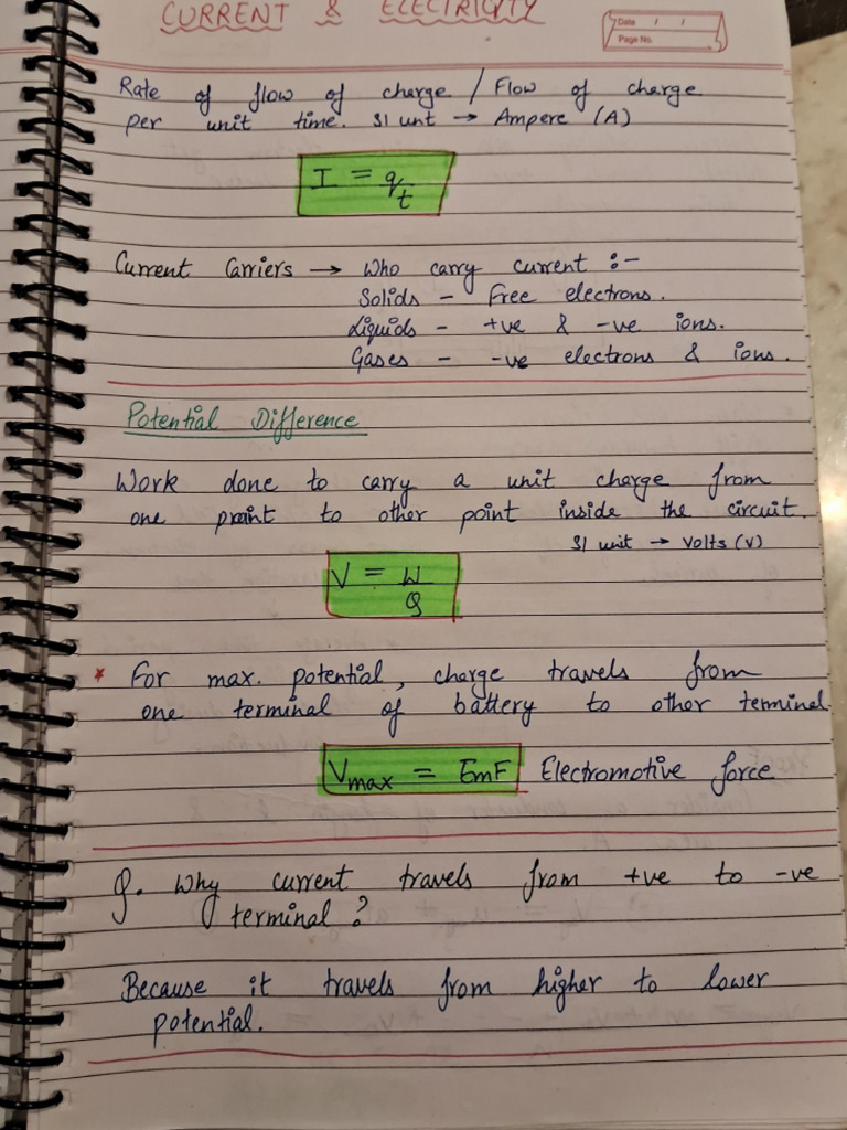 Chapter 3 Handwritten Notes of Class 12 Physics Current Electricity | PDF