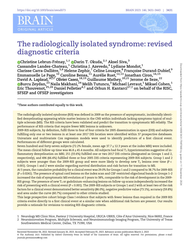 4 The Radiologically Isolated Syndrome Arevised Diagnostic Criteria ...