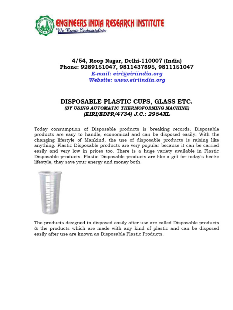 Disposable Plastic Cup Manufacturing Guide | PDF | Plastic | Economies