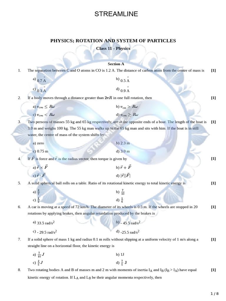 Streamline 11 Physics Rotation Sys Particles | PDF | Rotation Around A Fixed Axis | Torque