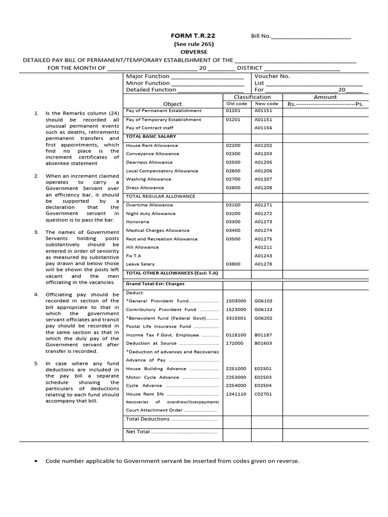 TR-22 Pay Bill Submission Guide | PDF | Tax Deduction | Government Finances