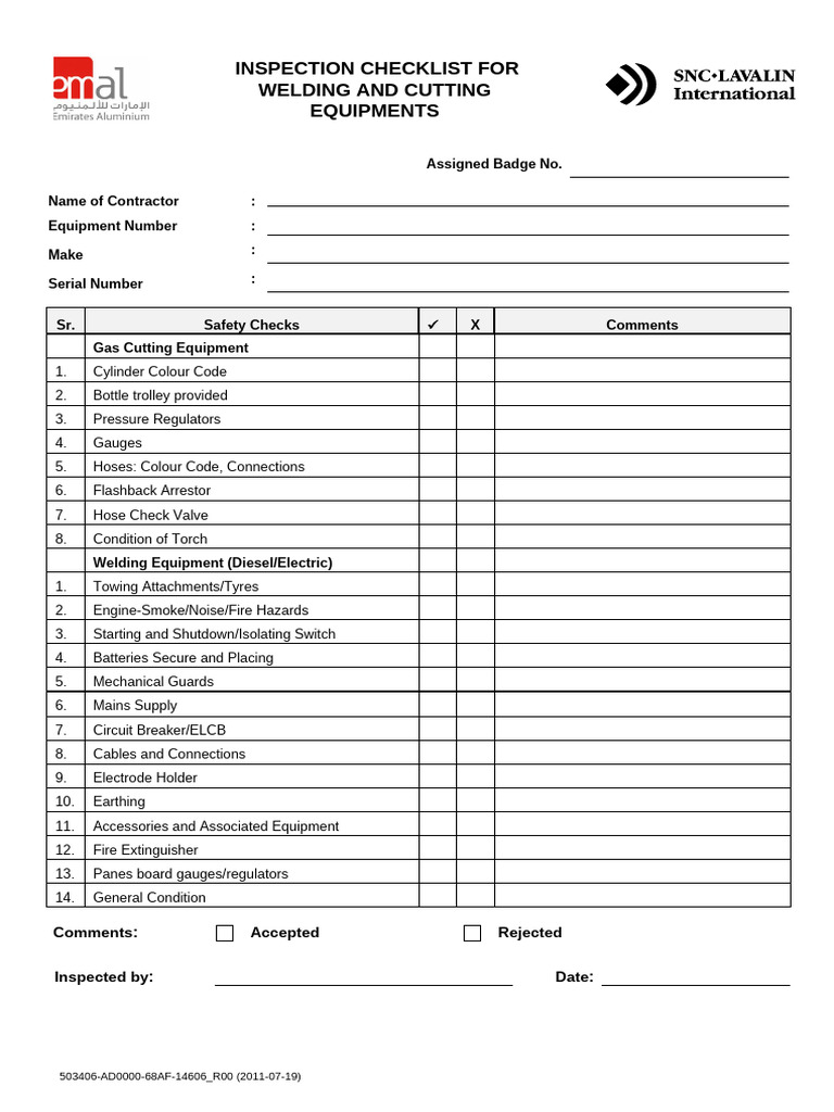 Inspection Checklist For Welding and Cutting Equipments | PDF