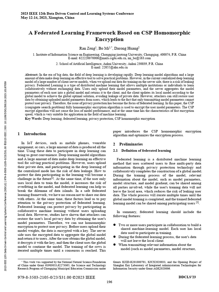 A Federated Learning Framework Based On Csp Homomorphic Encryption Pdf Encryption Computer