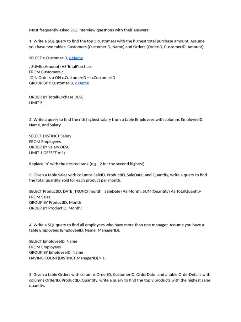 Most Frequently Asked SQL Interview Questions With Their Answers | PDF | Sql | Information ...