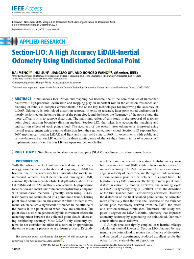 Section-LIO A High Accuracy LiDAR-Inertial Odometry Using Undistorted Sectional Point | PDF ...