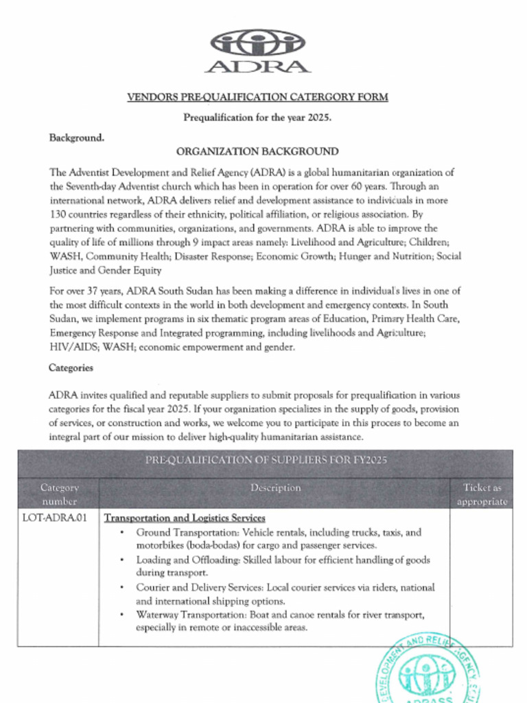 ADRA Vendor Pre-Qualification FY2025 | PDF