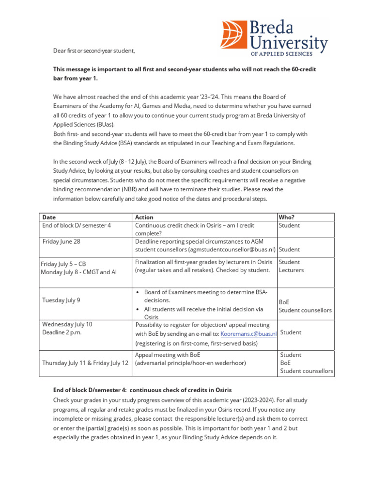 2024-06 BSA Procedure Info Letter Students | PDF
