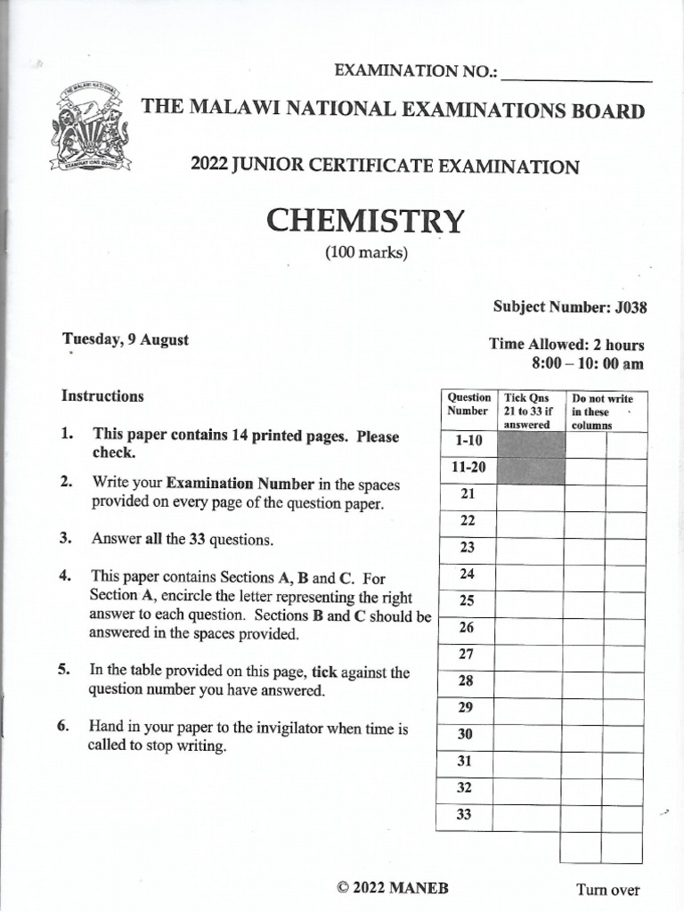 Sir Godfrey Take Care 2022 JC CHEMISTRY MANEB PAPER | PDF