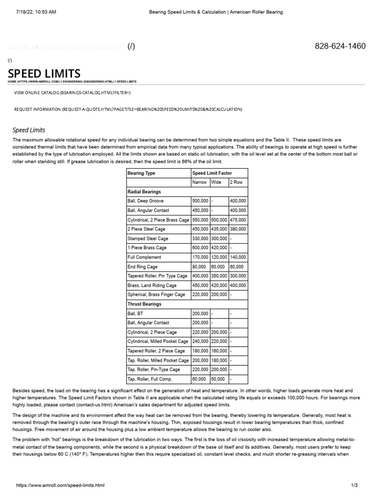 Bearing Speed Limits & Calculation - American Roller Bearing | PDF ...