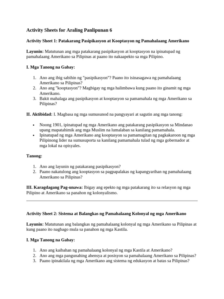 Activity Sheets For Araling Panlipunan 6 | PDF