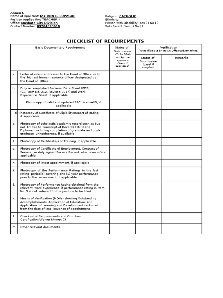 Annex C Checklist and Omnibus | PDF
