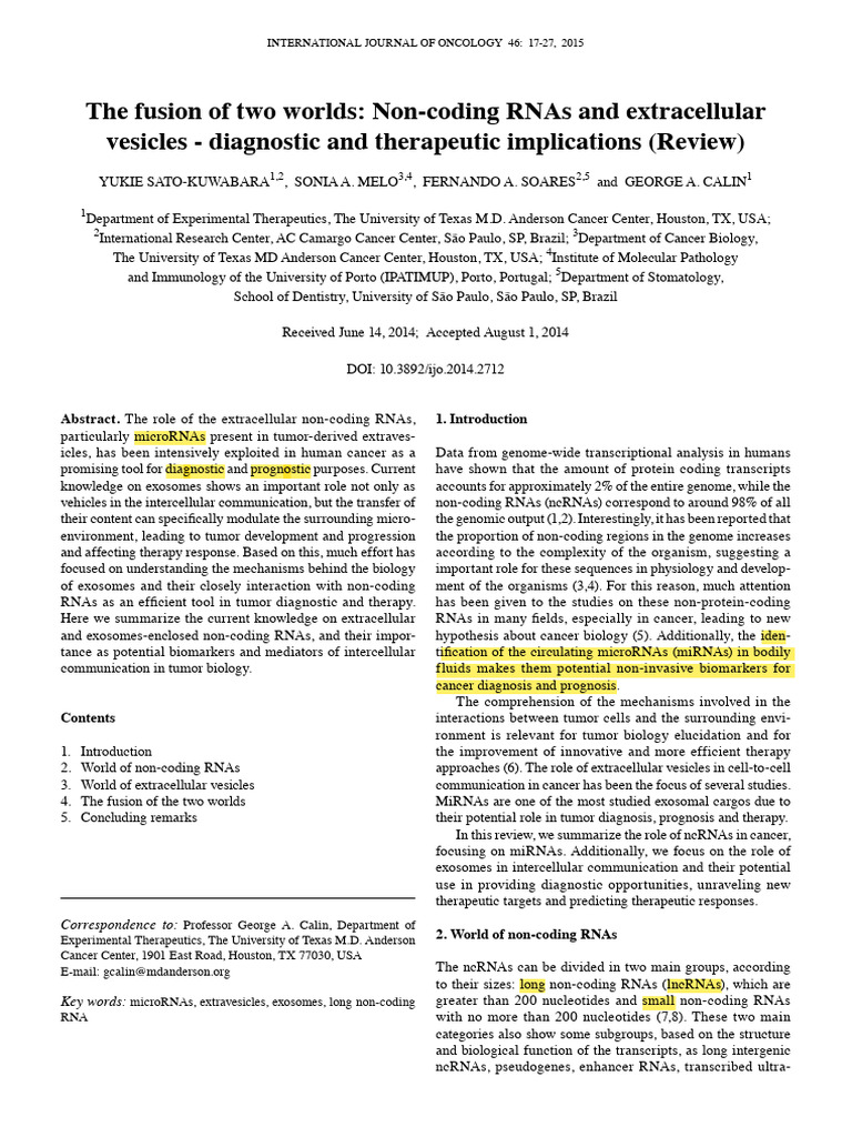 9 - Non-Coding RNA and EVs - Diagnostic and Therapeutic Implications | PDF | Micro Rna | Vesicle ...