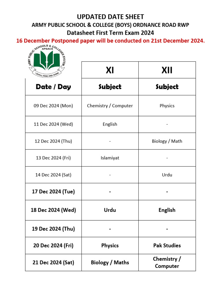 Updated DATE SHEET HSSC First Term | PDF