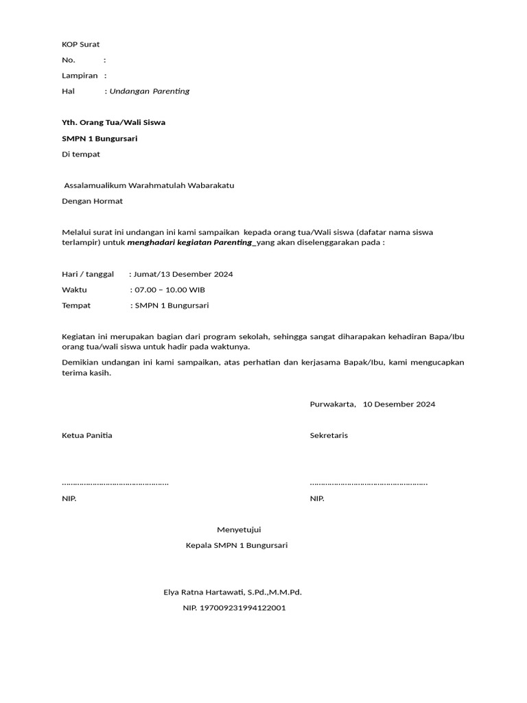 Undangan Parenting SMPN 1 Bungursari | PDF