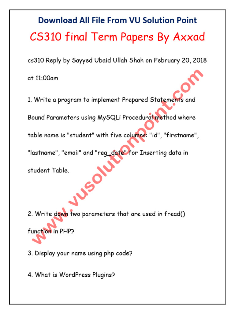 CS310 Final Term Papers by Axxad - Dwnld From (Www.vusolutionpoint.com) | PDF | Php | Word Press