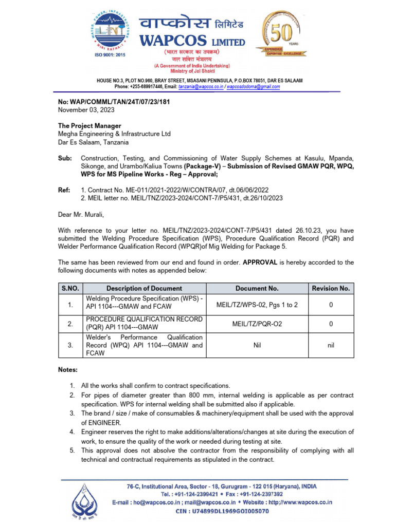 181 - 23 - Submission of Revised GMAW PQR, WPQ, WPS For MS Pipeline ...