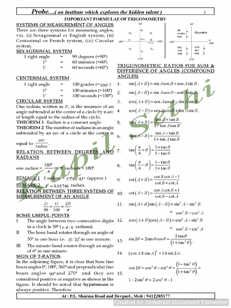 Trigonometry Formula | PDF