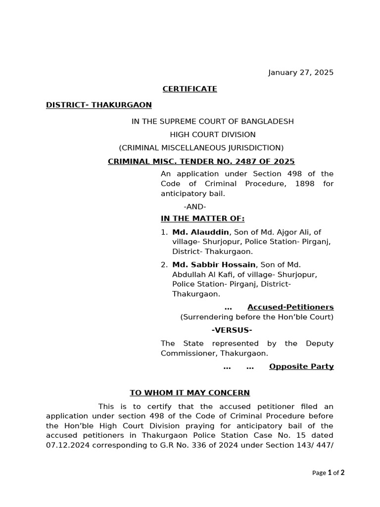 Anticipatory Bail Certificate in Thakurgaon | PDF | Bail | Judiciaries