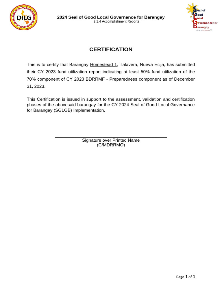 2.1.4.2 Certification BDRRM Fund Utilization | PDF