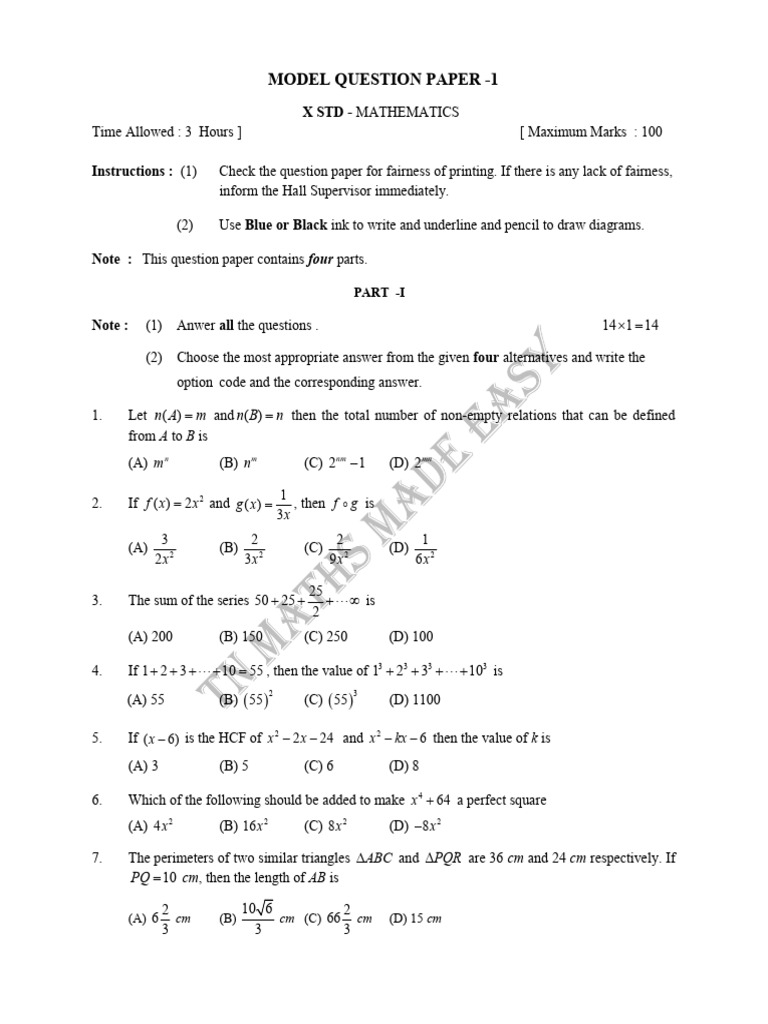 10th STD MATHS EM MODEL QP 1 2023-24 | PDF | Area | Sphere