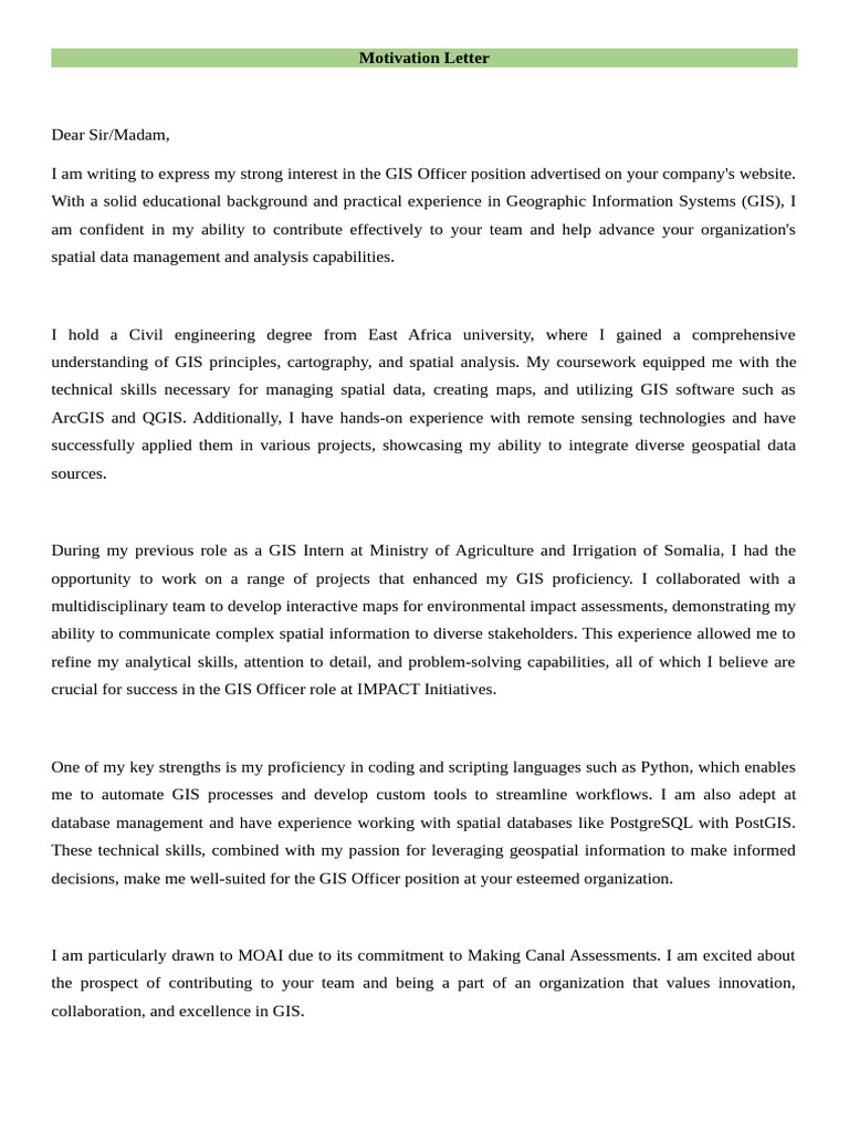 Motivation Letter | PDF | Geographic Information System | Spatial Analysis