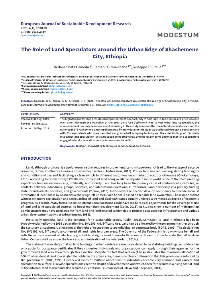 The Role of Land Speculators Around The Urban Edge of Shashemene City Ethiopia 6296 | PDF ...