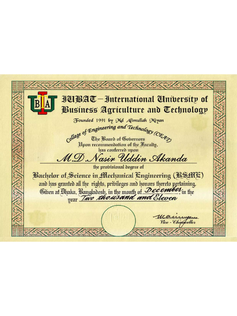IUBAT Certificate BSME | PDF