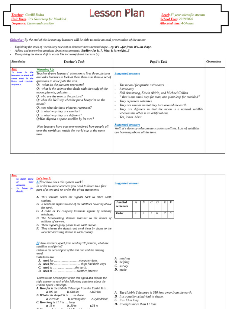 Listen and Cosider Lesson Plan | PDF | Satellite | Moon