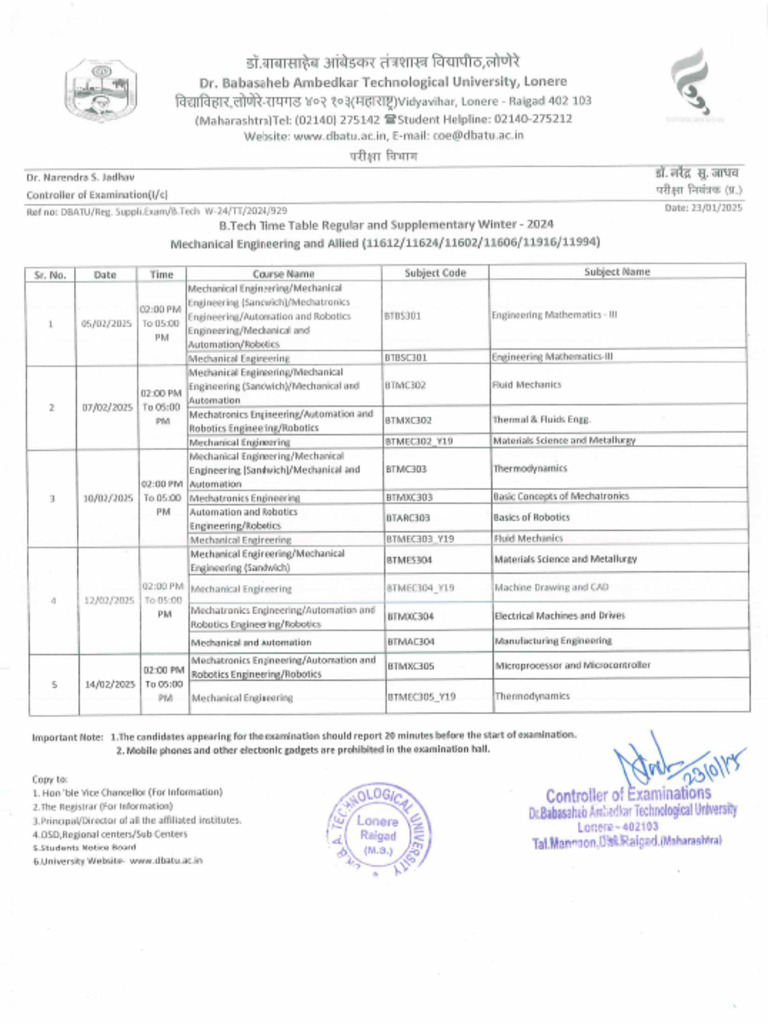B.Tech Regula Suppl - Winter 2024 Sem 3 Time Table | PDF