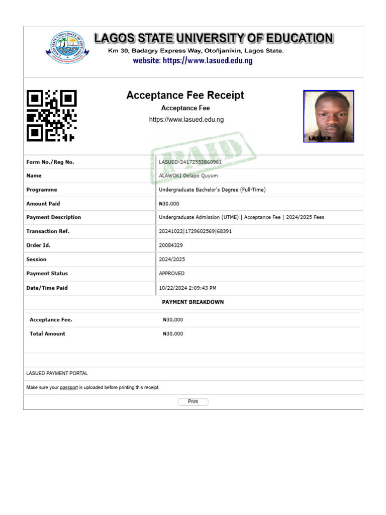 --Acceptance Fee | LASUED Payment Receipt 2 | PDF
