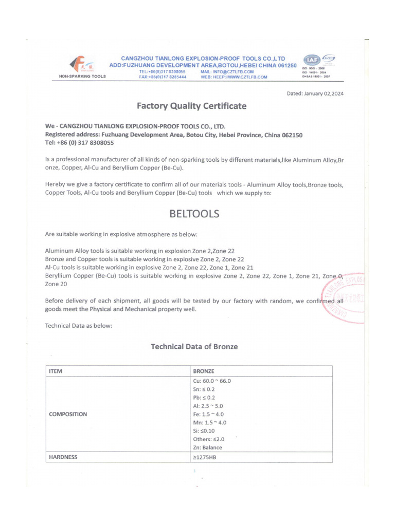 Factory Quality Certificate TIANLONG 2024 BRONZE | PDF