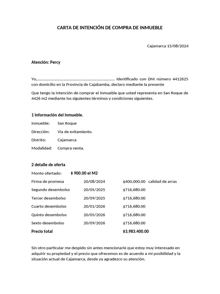 Carta de Intención de Compra de Inmueble | PDF