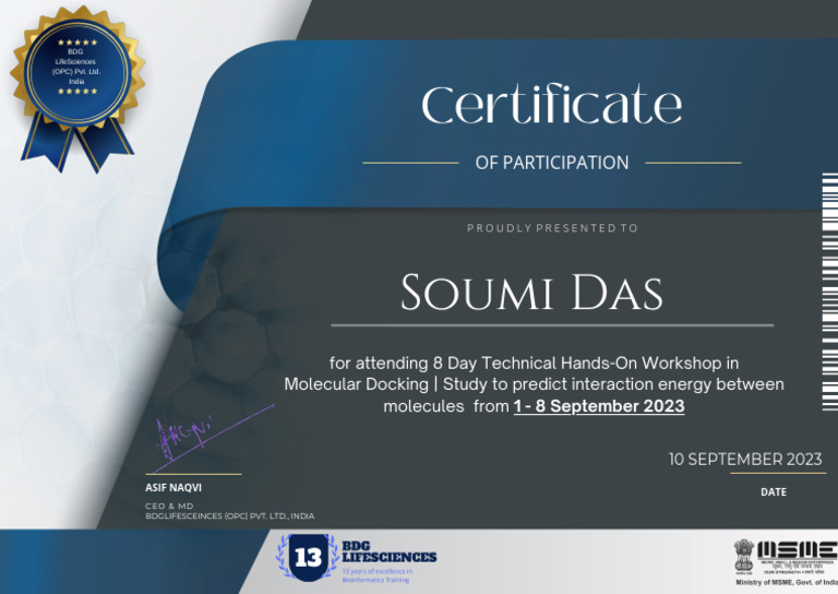 Soumi Das-Molecular Docking-Certificate | PDF
