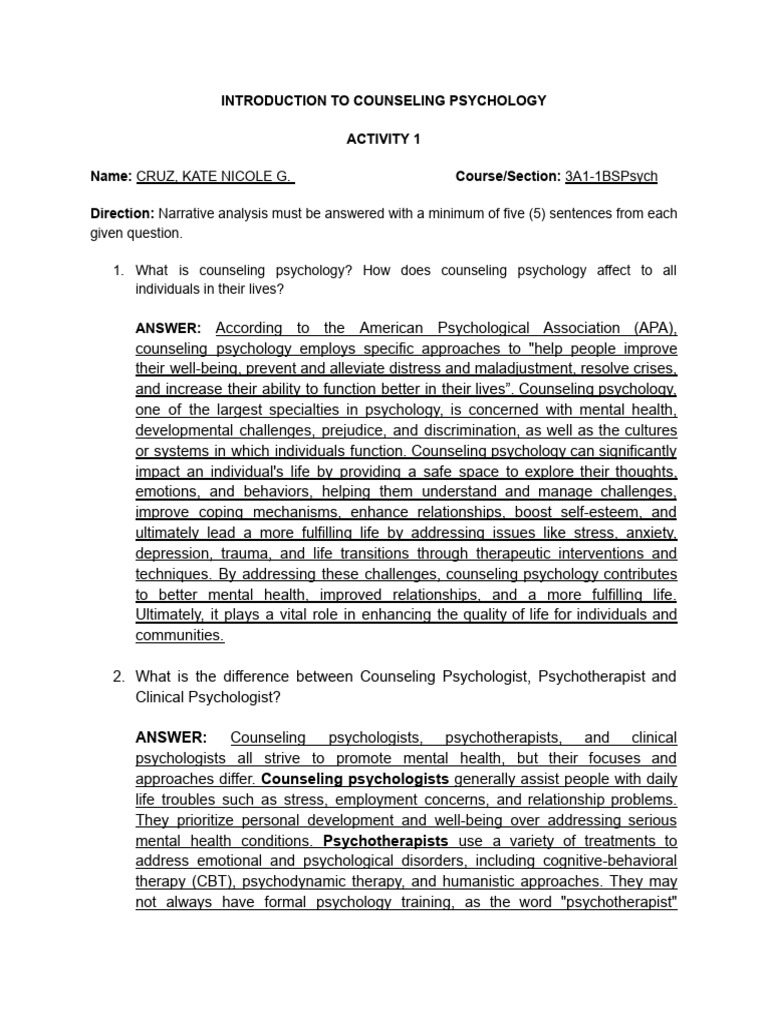 Counseling Cruz Activity 1 | PDF | Psychotherapy | Counseling Psychology