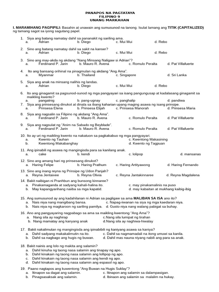 Filipino 9 - PANAPOS NA PAGTATAYA | PDF