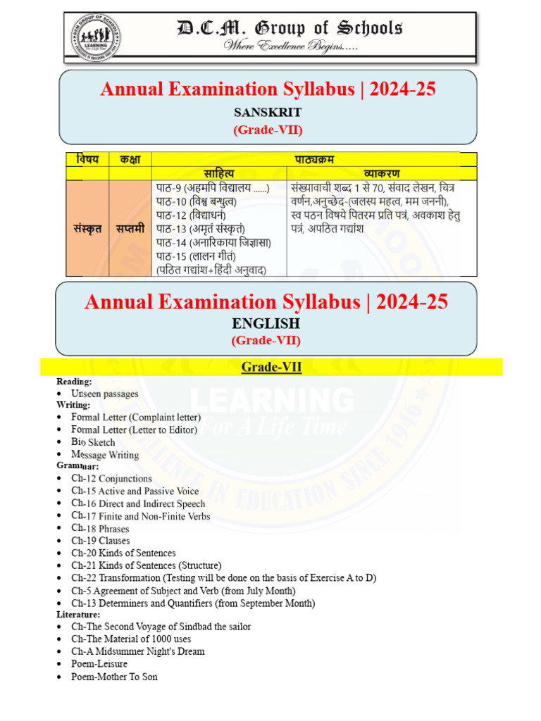 Annul Exams Sylabus Class7 | PDF